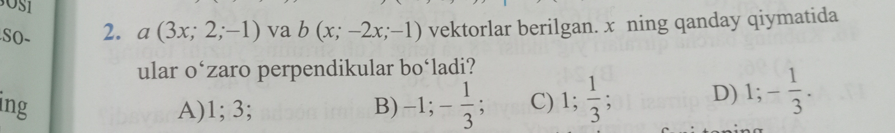 2. a (3x; 2; -1) va b (x; -2x; -1) vektorlar | StudyX