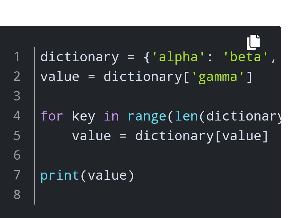 ```python dictionary = {'alpha': 'beta', | StudyX