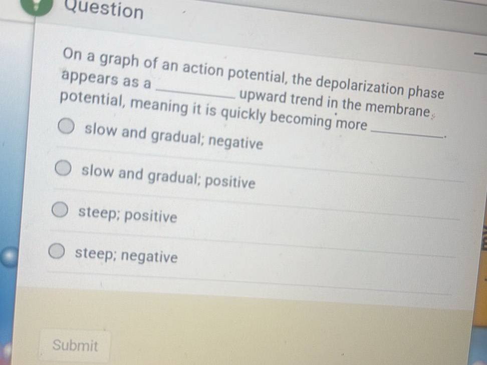 On a graph of an action potential, the | StudyX