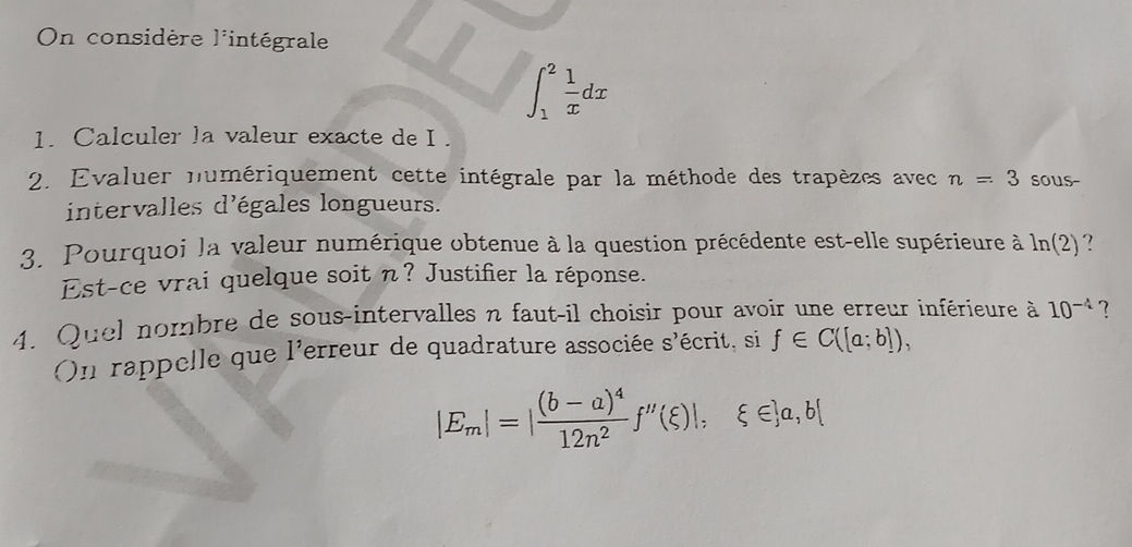 On considère l'intégrale $ _1^2 {1}{x} dx$ | StudyX