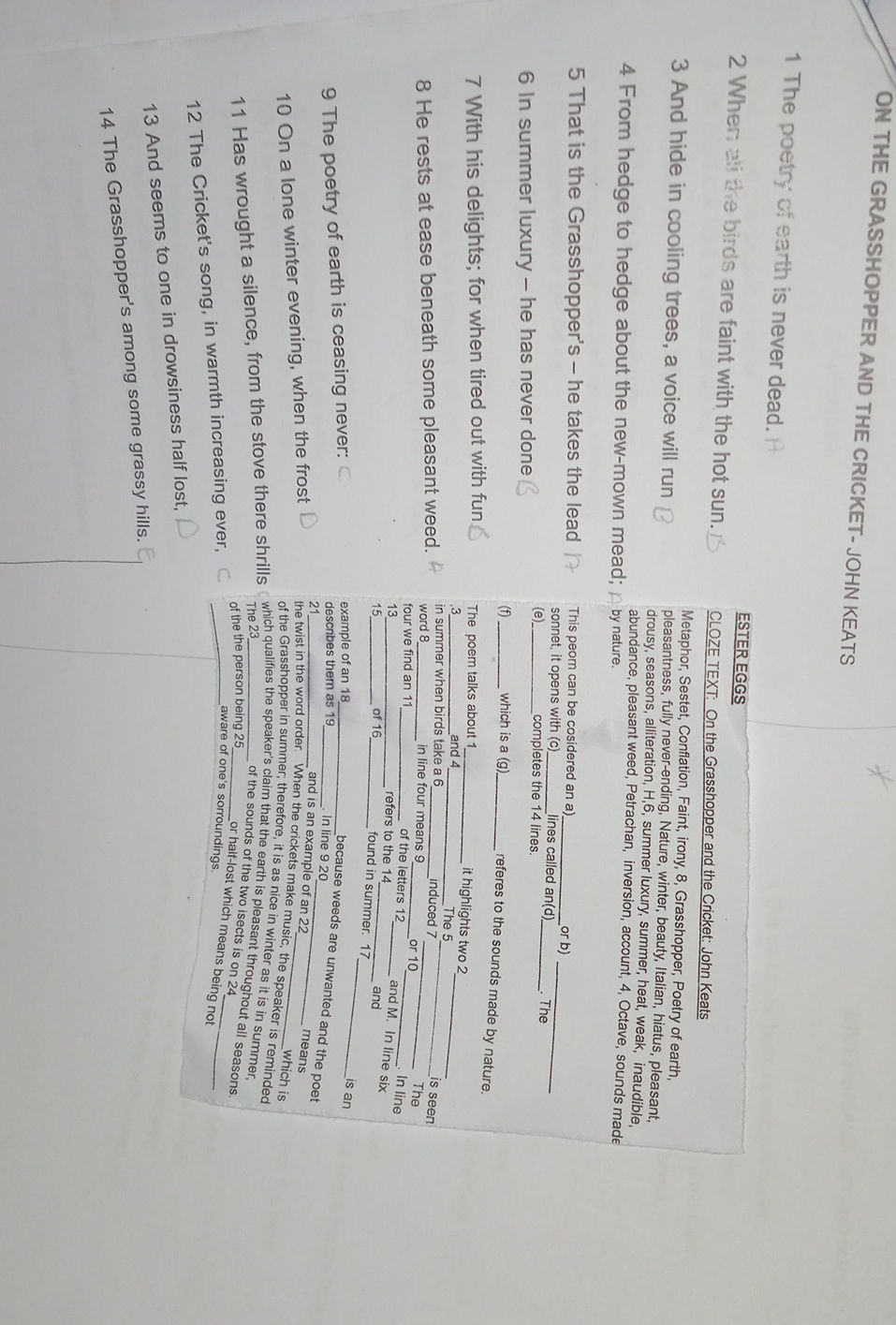 CLOZE TEXT: On the Grasshopper and the | StudyX