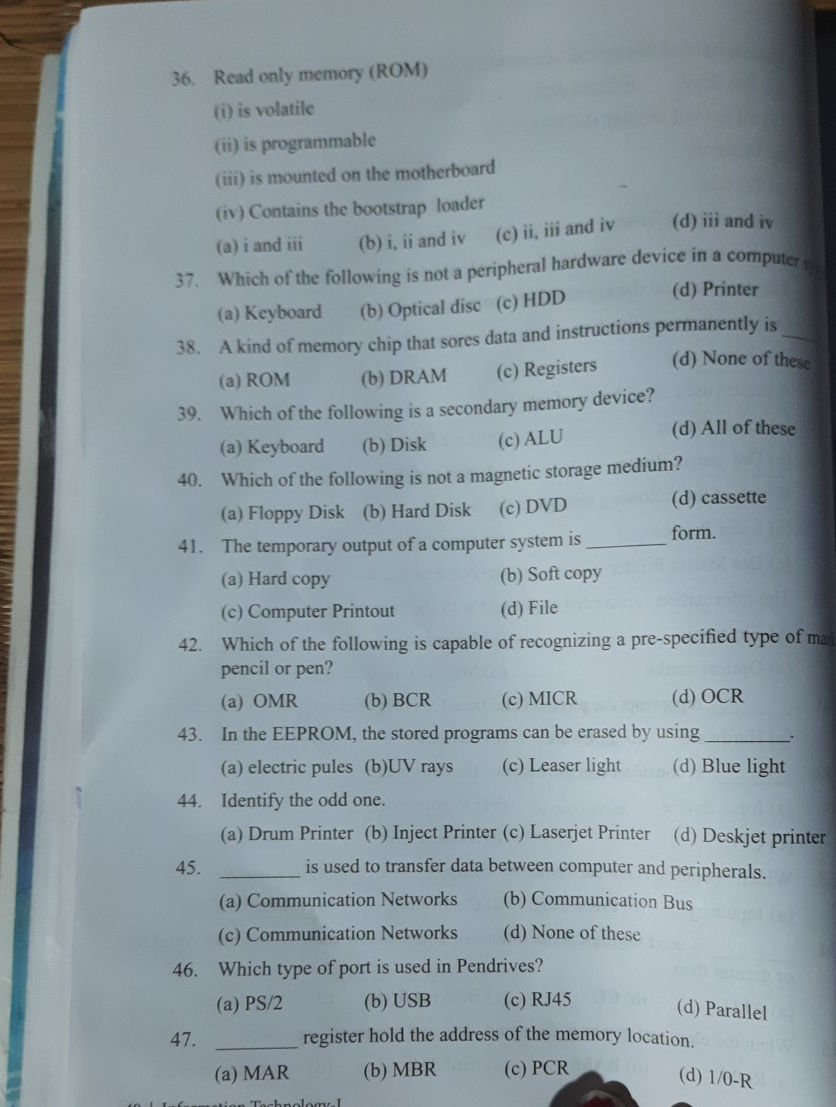 36. Read only memory (ROM) (i) is volatile | StudyX