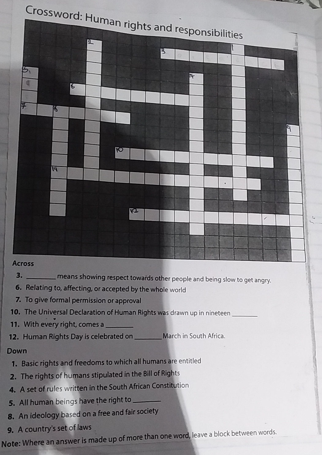 Crossword: Human rights and responsibilities