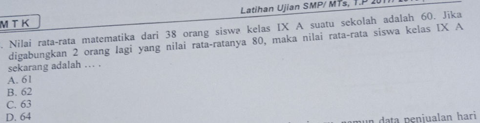 Nilai rata-rata matematika dari 38 orang | StudyX
