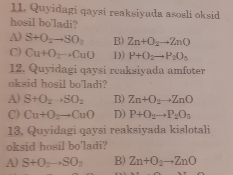 11. Quyidagi qaysi reaksiyada asosli oksid | StudyX