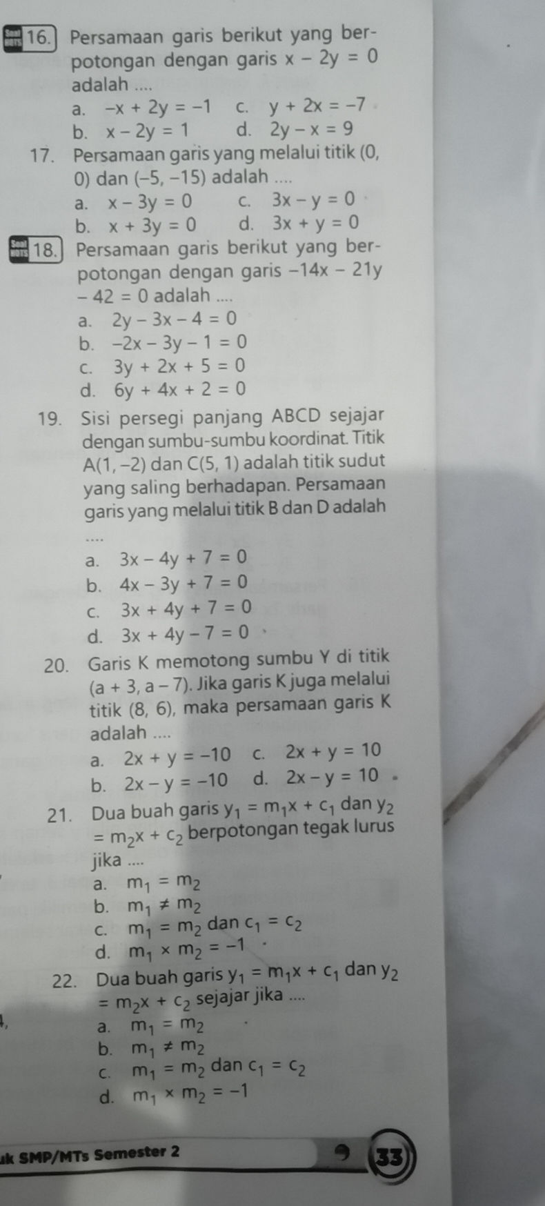 16. Persamaan garis berikut yang berpotongan | StudyX
