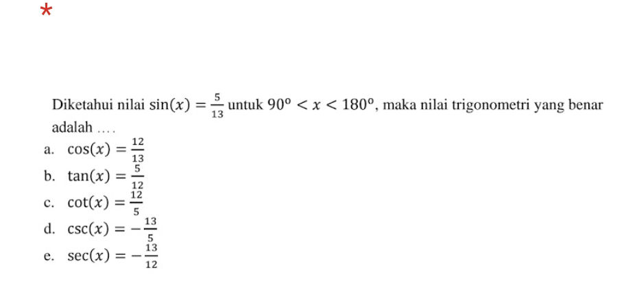 Diketahui nilai $ (x) = {5}{13}$ untuk $90^ | StudyX