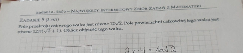 Pole przekroju osiowego walca jest równe $12 | StudyX