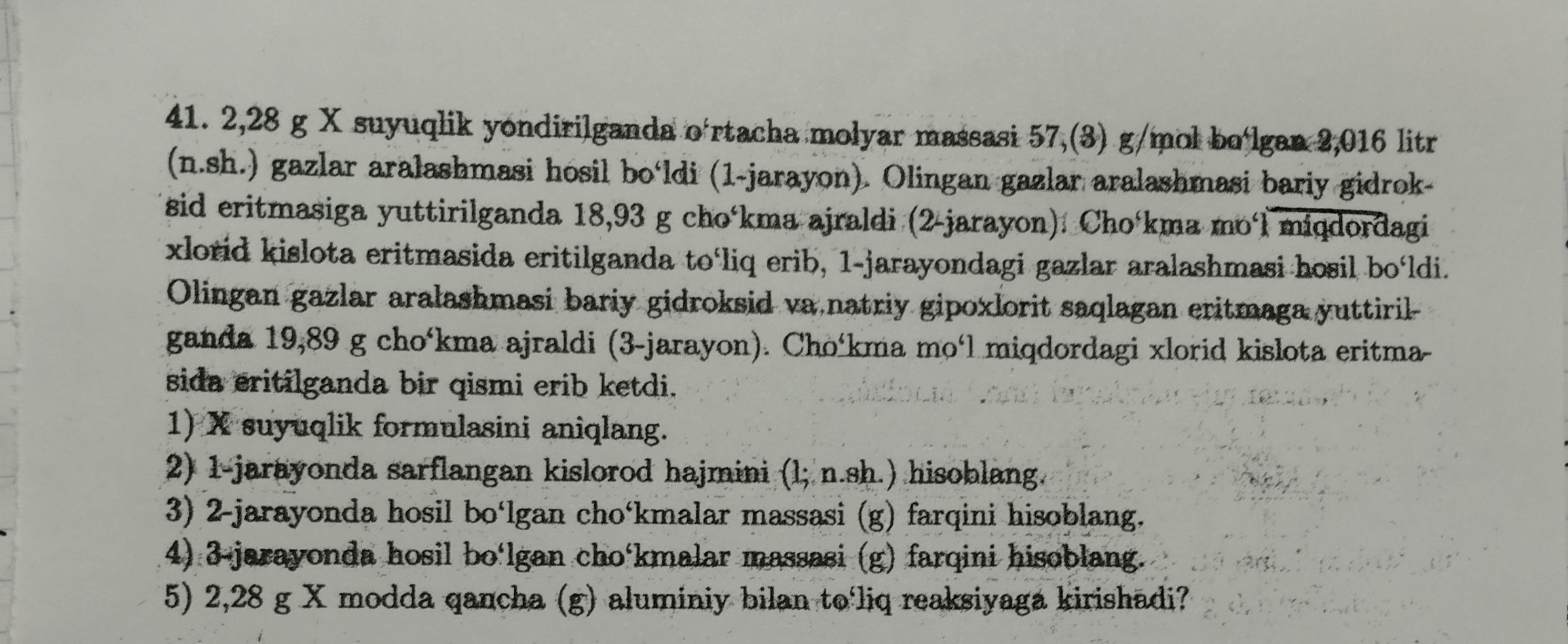 41. 2,28 g X suyuqlik yondirilganda o'rtacha | StudyX