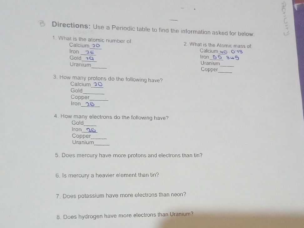 Directions: Use a Periodic table to find the | StudyX