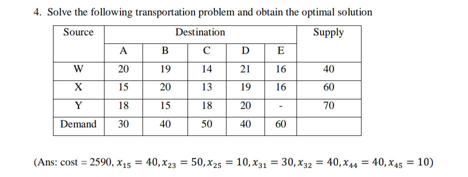 4. Solve the following transportation | StudyX