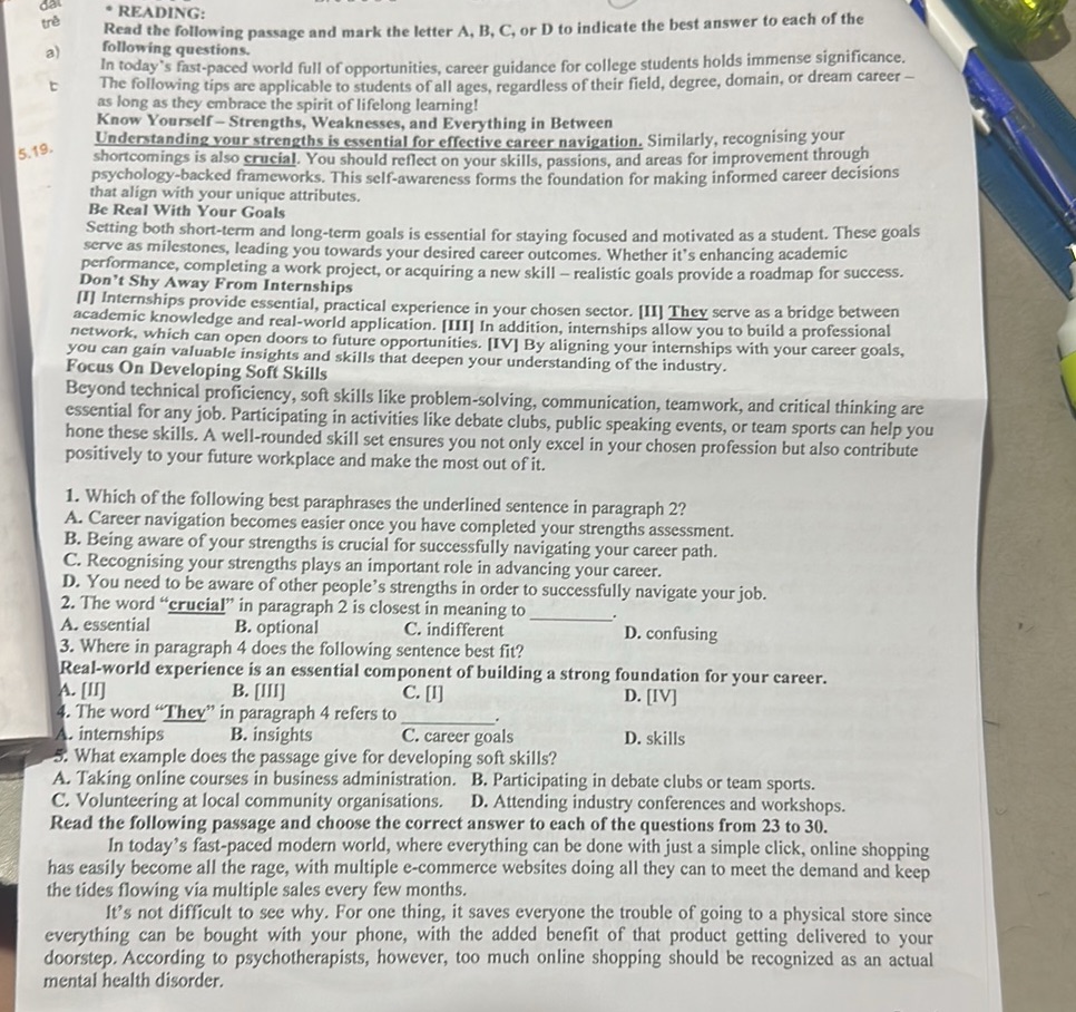 READING: Read the following passage and mark | StudyX