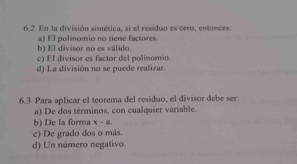 6.2 En la división sintética, si el residuo | StudyX