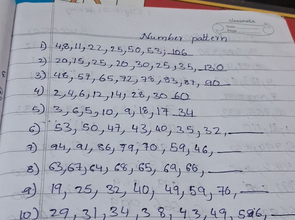 Number pattern 1) 4, 8, 11, 22, 25, 50, 53,