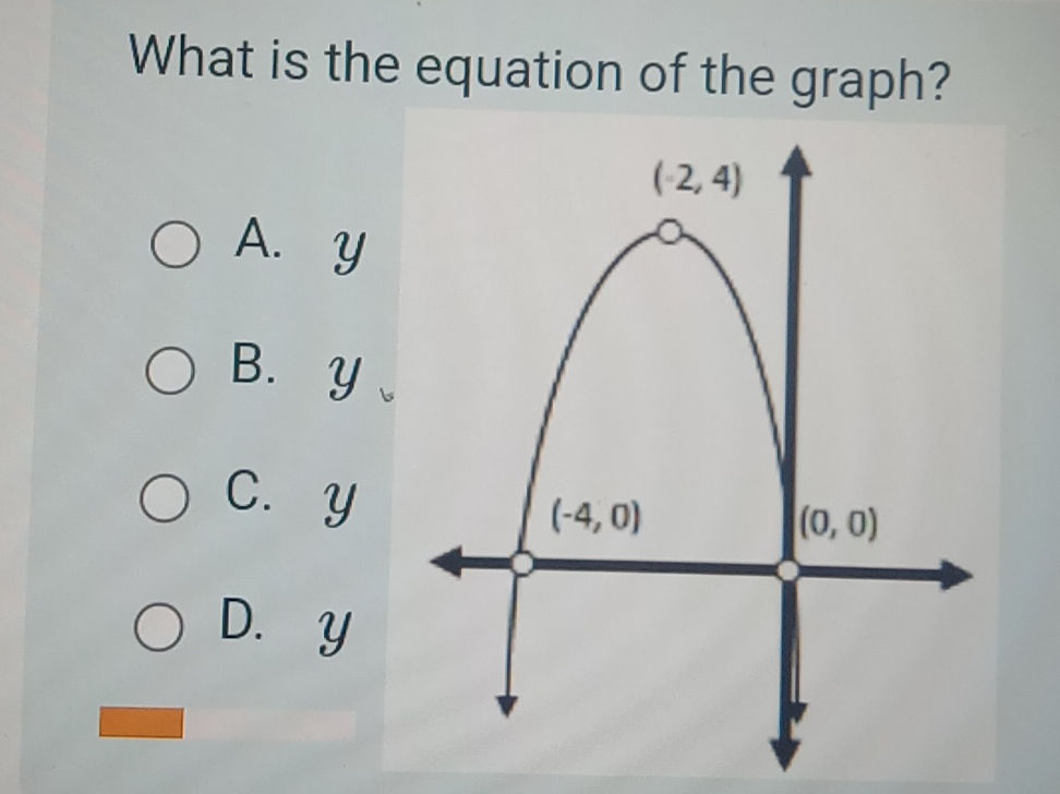 What is the equation of the graph? A. y B. | StudyX