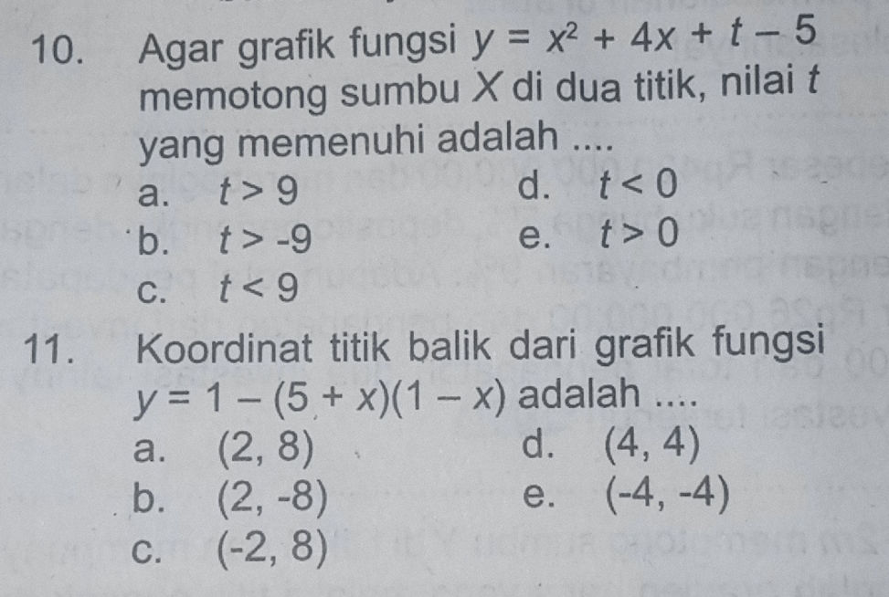 10. Agar grafik fungsi $y = x^2 + 4x + t - | StudyX