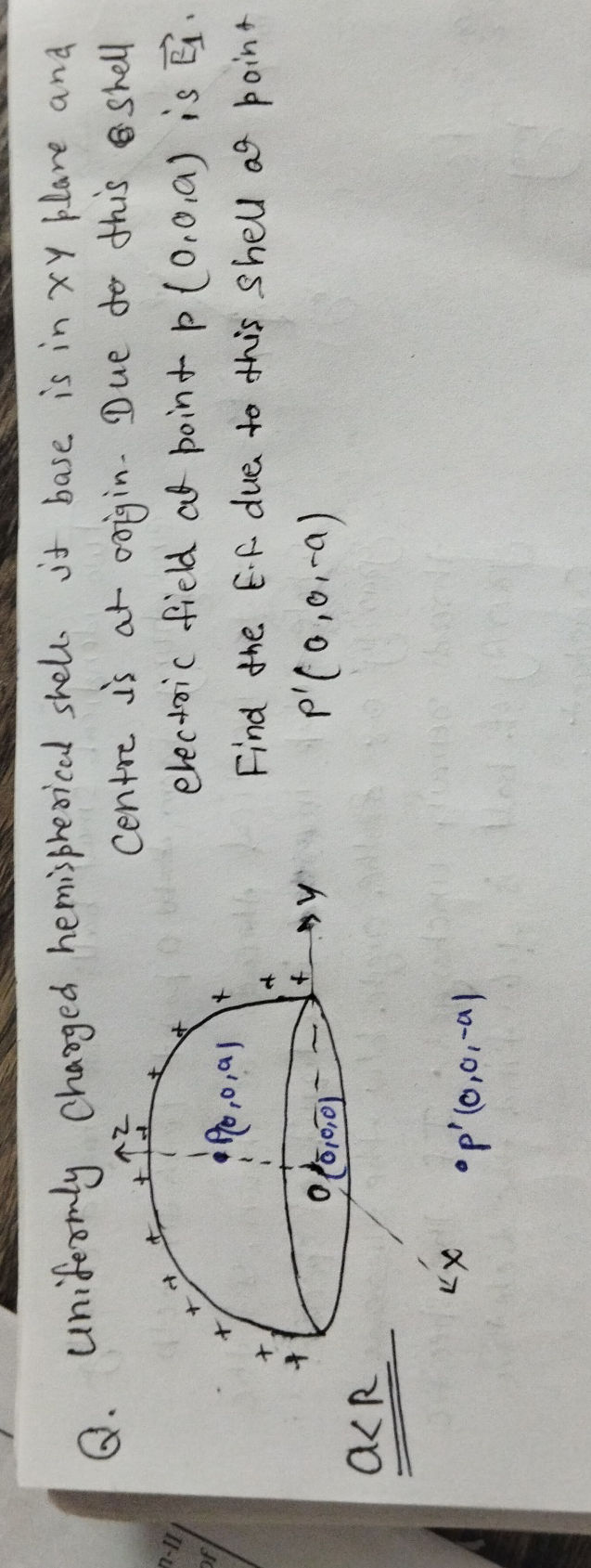 Q. Uniformly charged hemispherical shell. It | StudyX