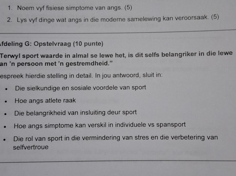 1. Noem vyf fisiese simptome van angs. (5) | StudyX