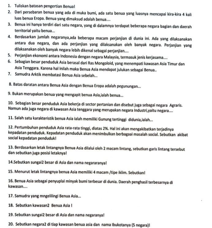 1. Tuliskan batasan pengertian Benua! 2. | StudyX
