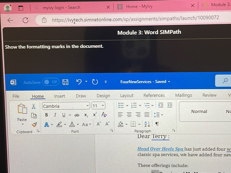 Show the formatting marks in the document. | StudyX