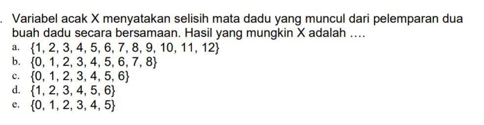 Variabel acak X menyatakan selisih mata dadu | StudyX