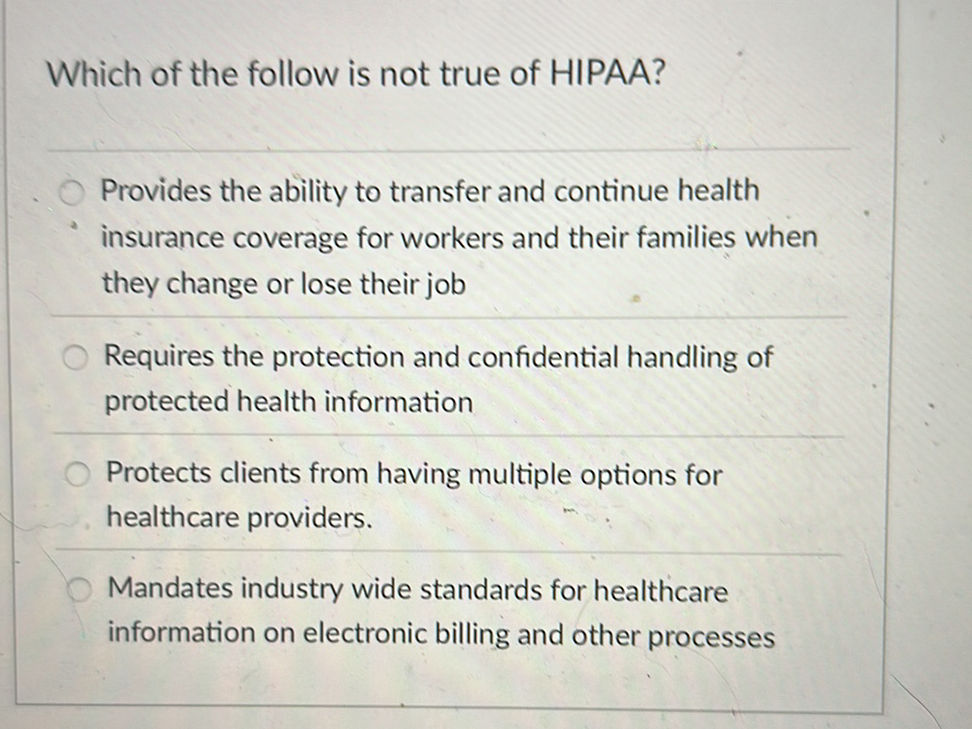 Which of the follow is not true of HIPAA? | StudyX