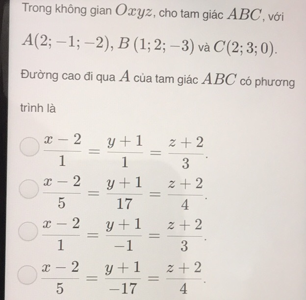 Trong không gian $Oxyz$, cho tam giác $ABC$, | StudyX
