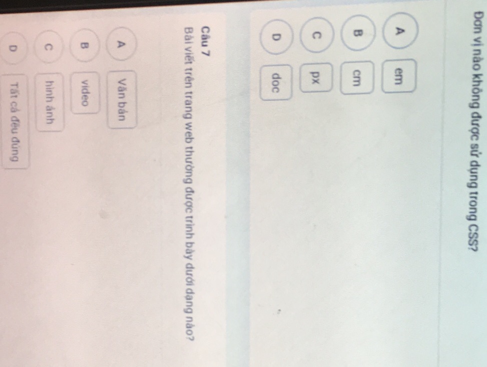 Đơn vị nào không được sử dụng trong CSS? A. | StudyX