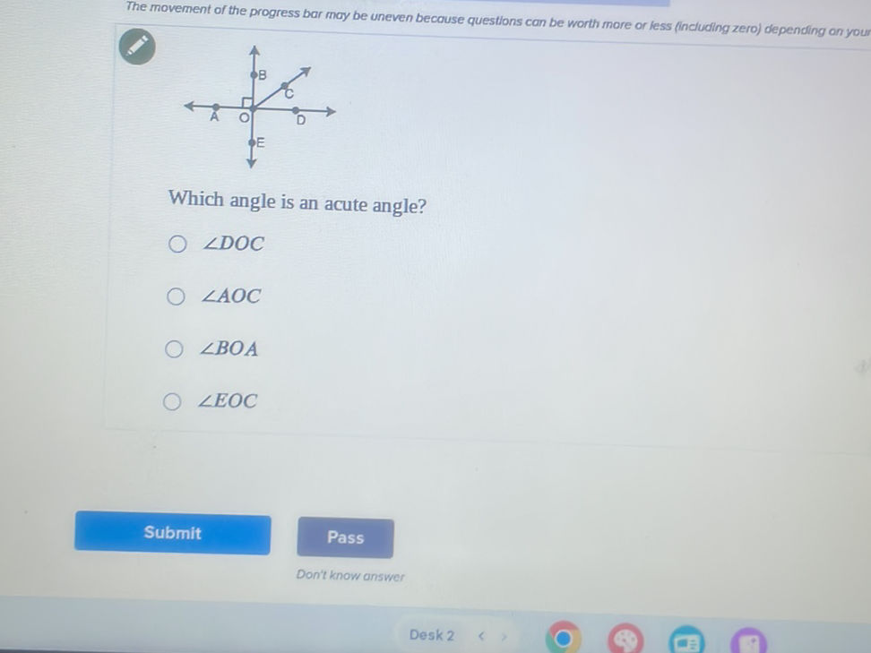 Which angle is an acute angle? ∠DOC ∠AOC | StudyX