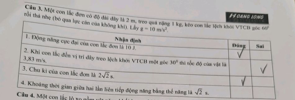 Câu 3. Một con lắc đơn có độ dài dây là 2 m, | StudyX