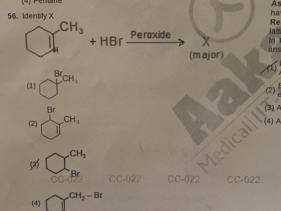 56. Identify X ${CH3}$ + HBr -> X (major) | StudyX