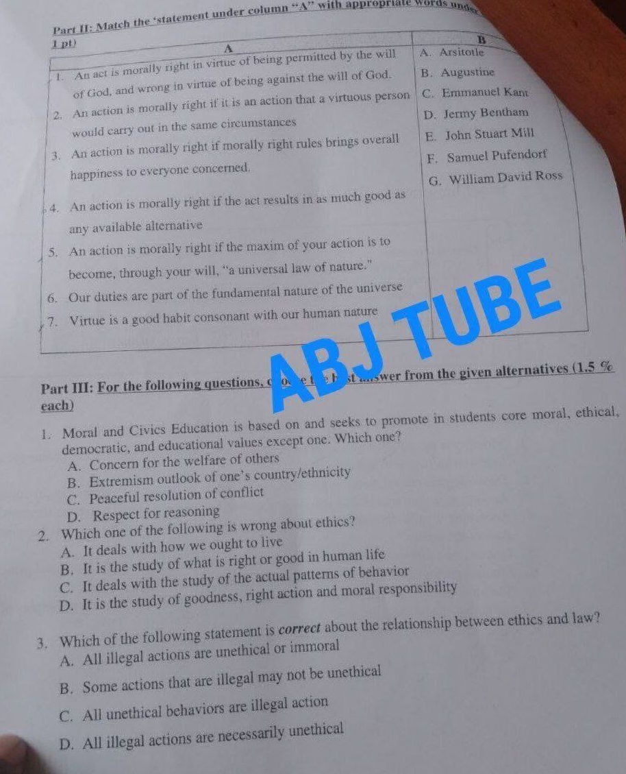 Part II: Match the 'statement under column | StudyX