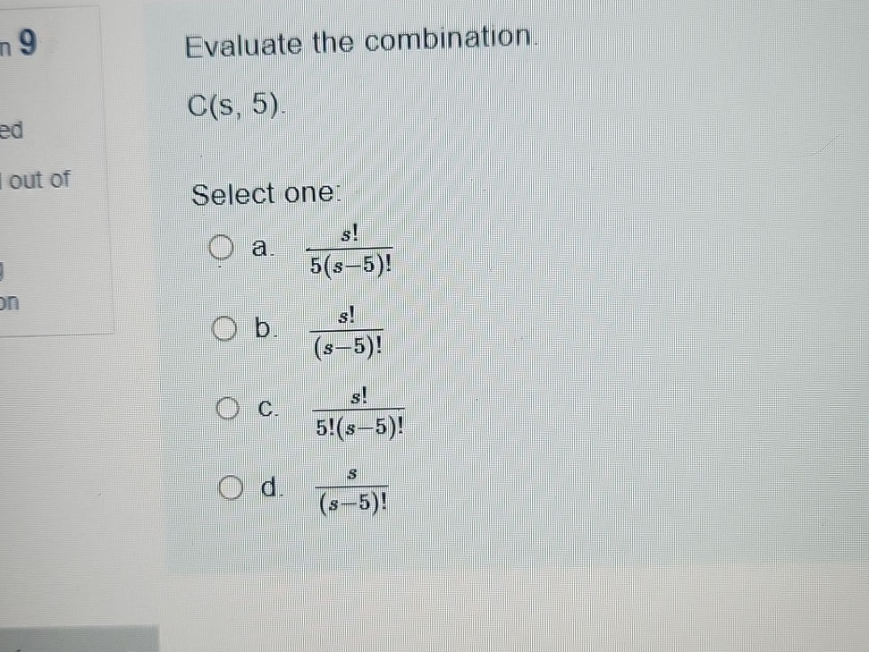Evaluate the combination. C(s, 5). Select | StudyX