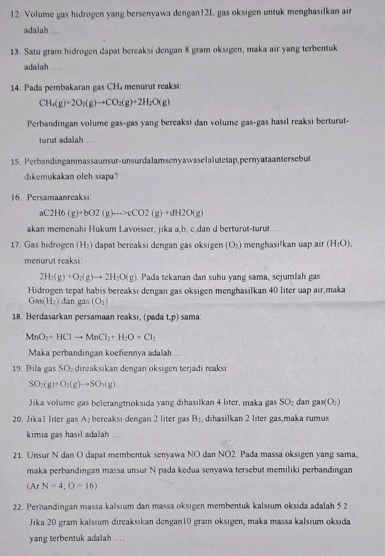 12. Volume gas hidrogen yang bersenyawa | StudyX