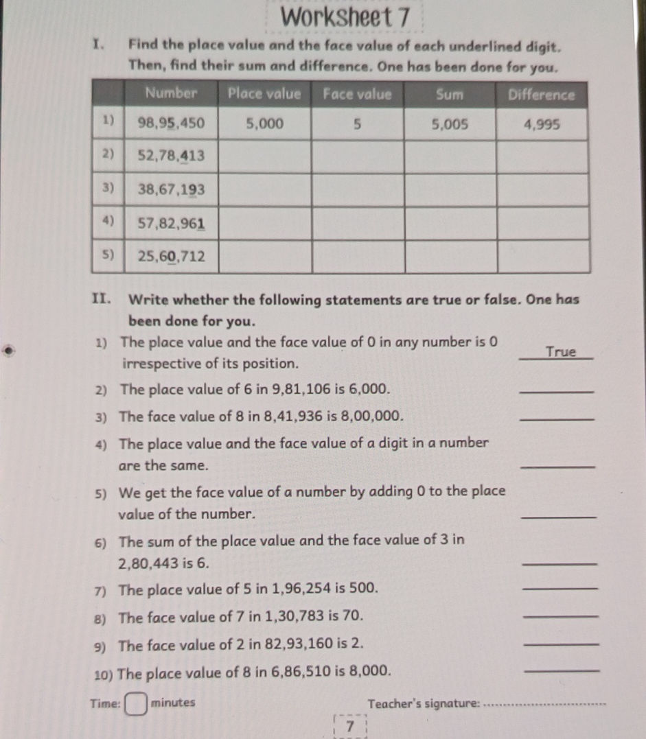 Worksheet 7 I. Find the place value and the | StudyX