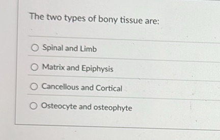 The two types of bony tissue are: Spinal | StudyX