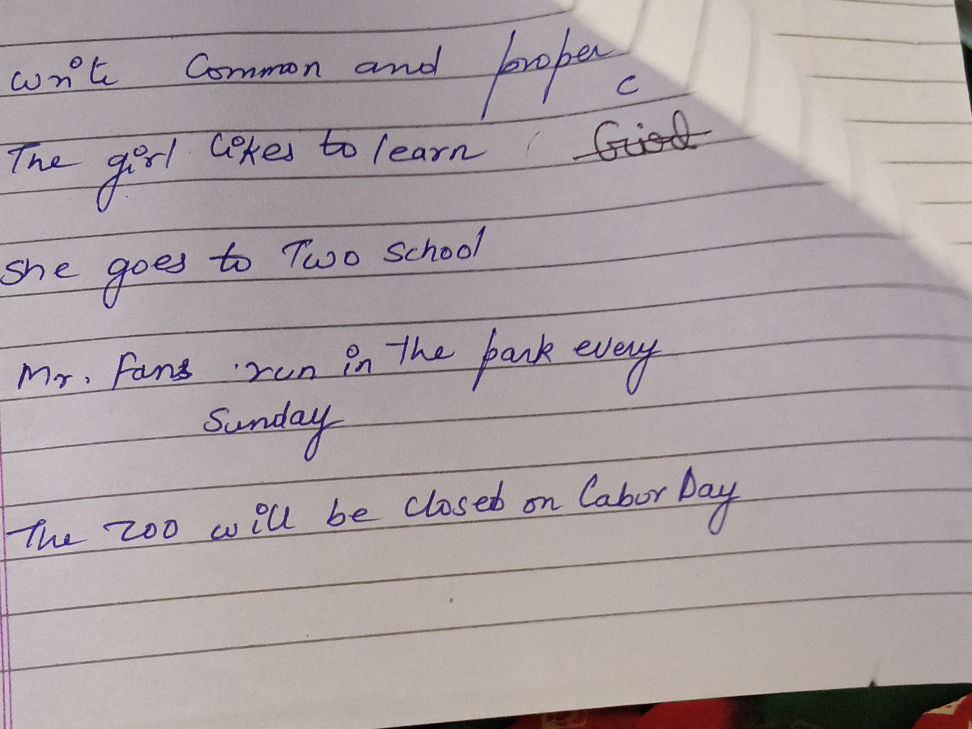 write Common and proper The girl likes to | StudyX