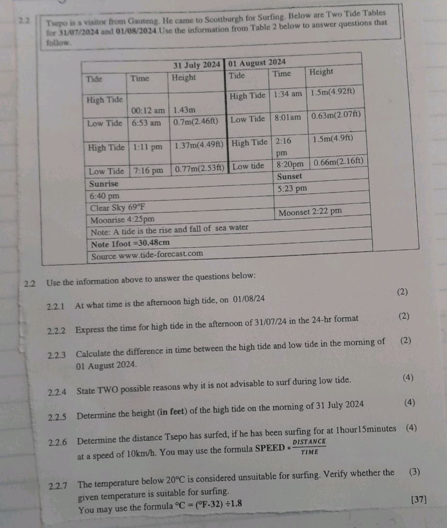 Below are Two Tide Tables for 31/07/2024 and | StudyX