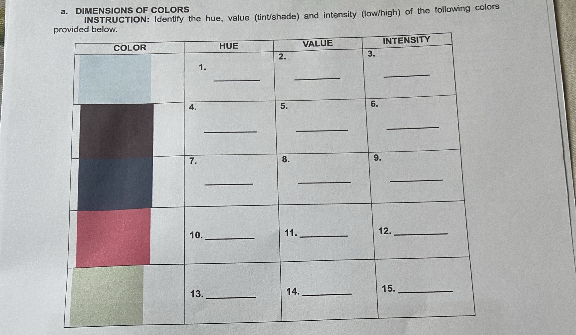 a. DIMENSIONS OF COLORS INSTRUCTION: | StudyX