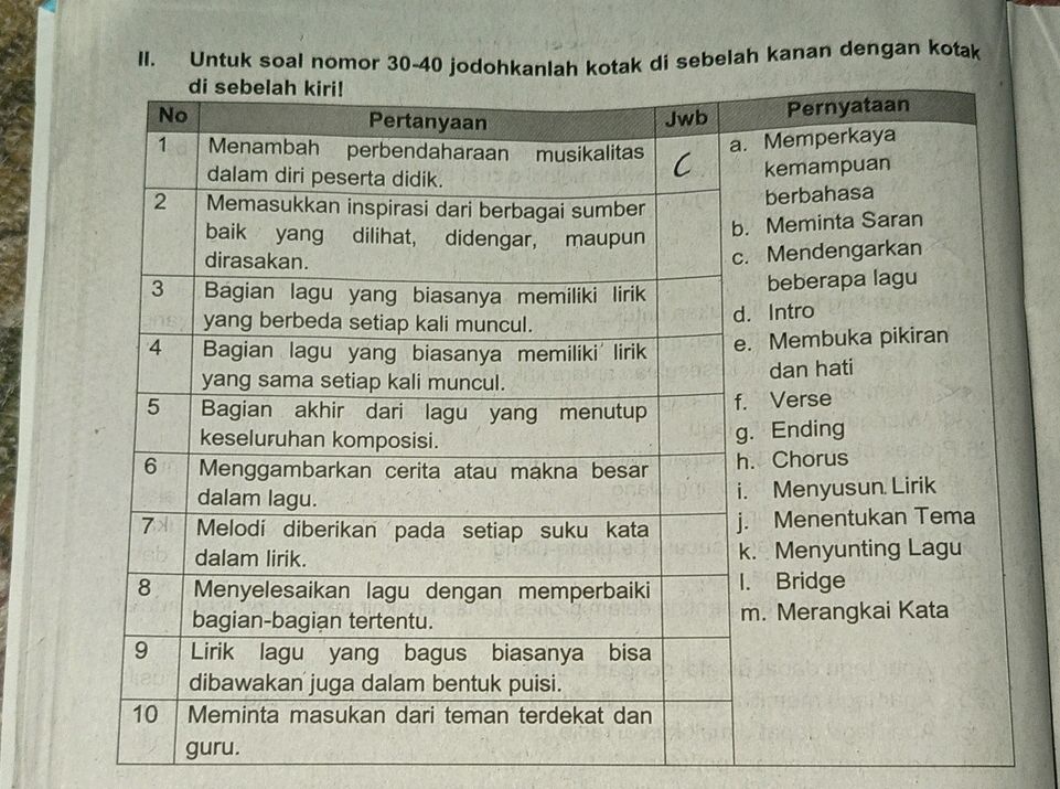II. Untuk soal nomor 30-40 jodohkanlah kotak | StudyX