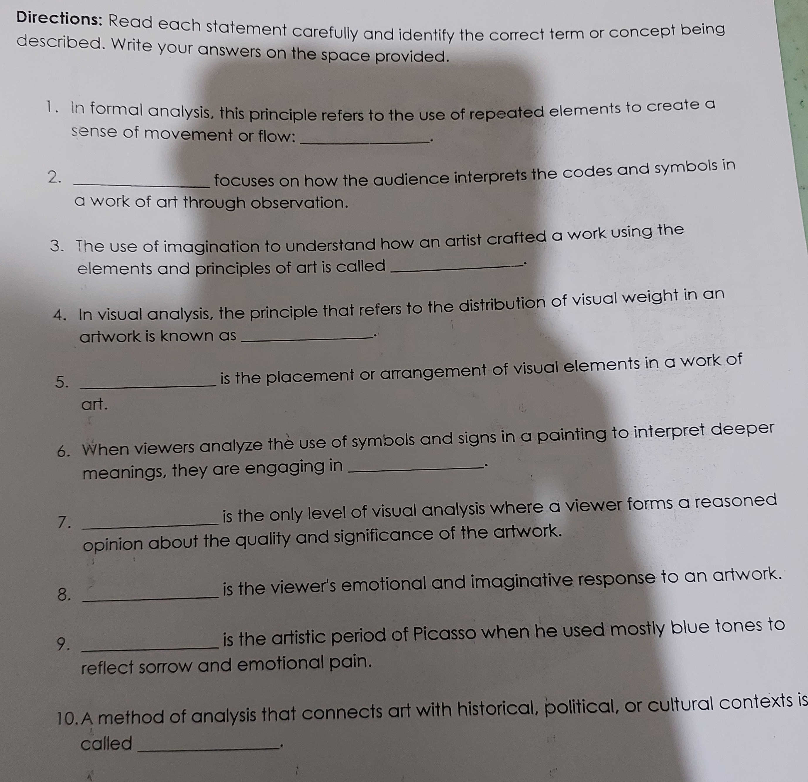 Directions: Read each statement carefully | StudyX