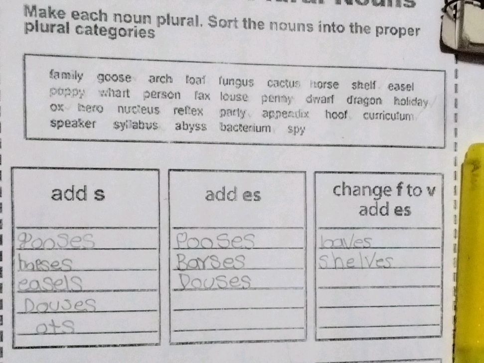 Make each noun plural. Sort the nouns into | StudyX
