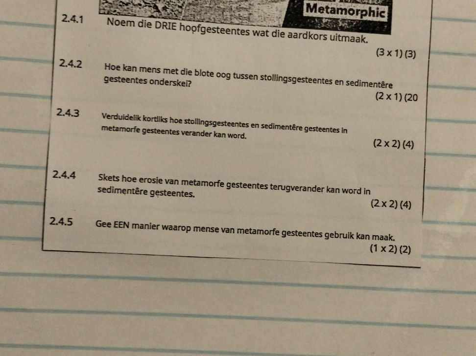 2.4.1 Noem die DRIE hoofgesteentes wat die