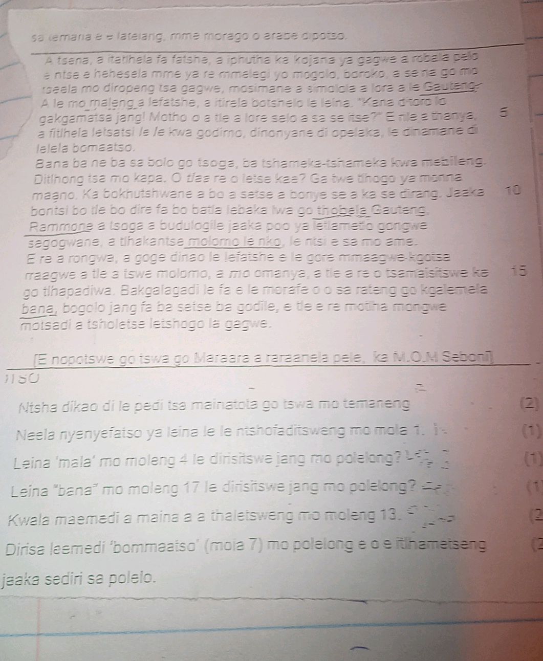Ntsha dikao di le pedi tsa mainatola go tswa | StudyX