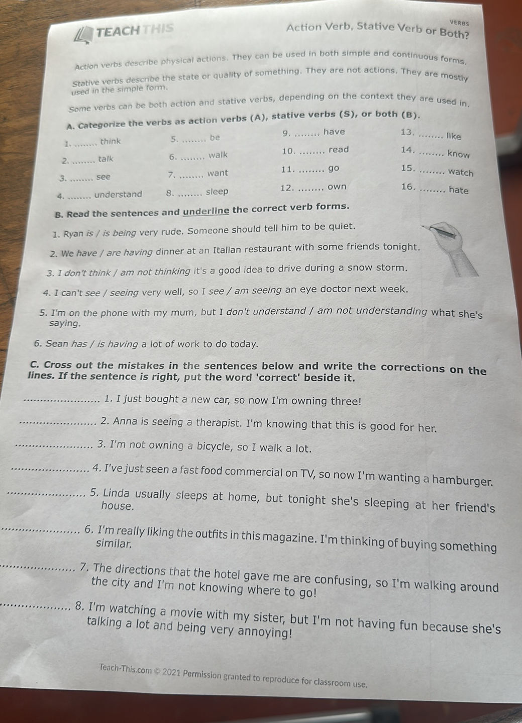 A. Categorize the verbs as action verbs (A), | StudyX