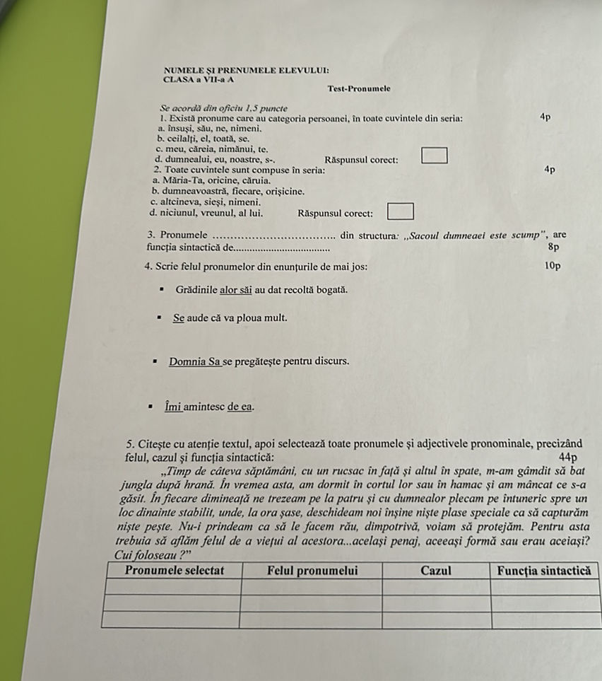 NUMELE SI PRENUMELE ELEVULUI: CLASA a VII-a | StudyX