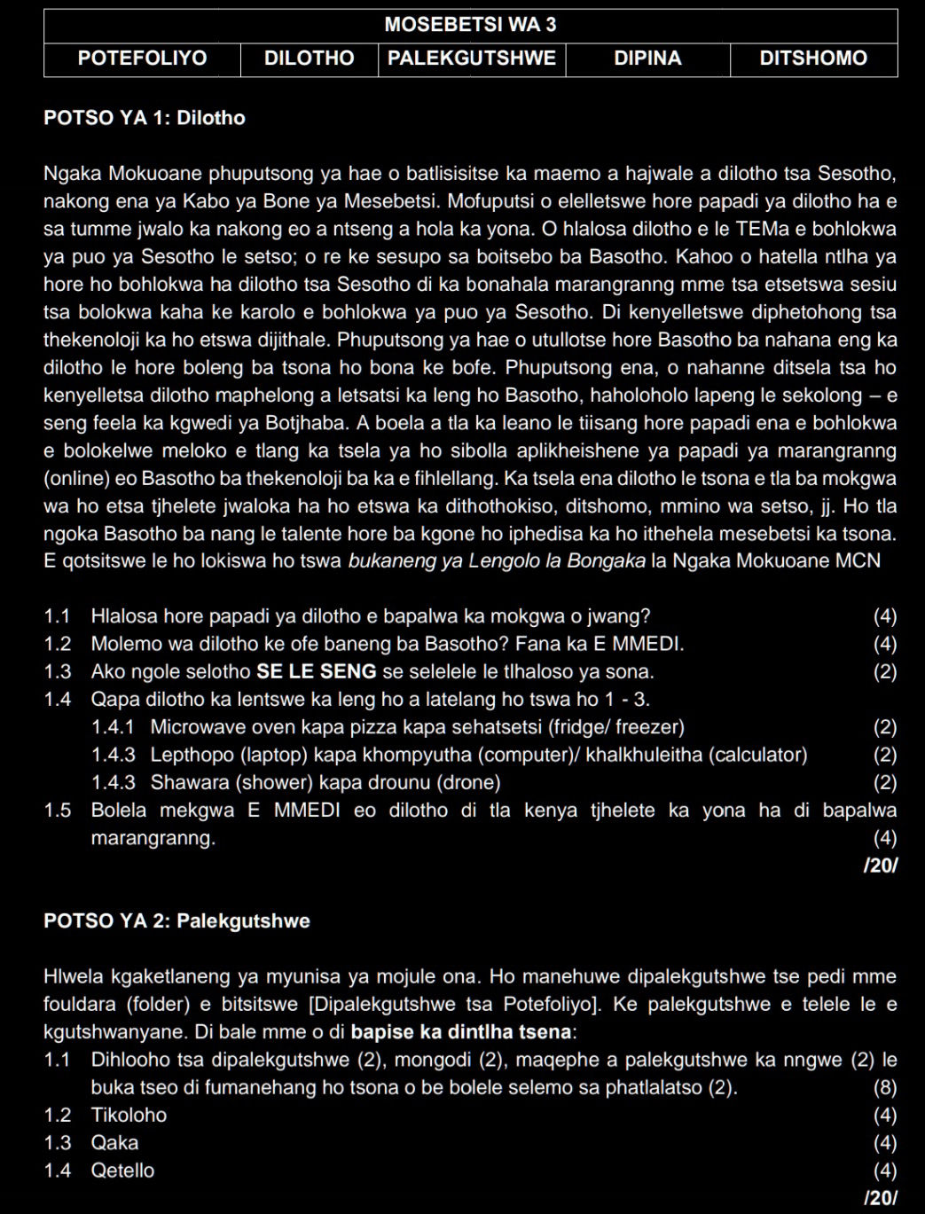 POTSO YA 1: Dilotho 1.1 Hlalosa hore papadi | StudyX
