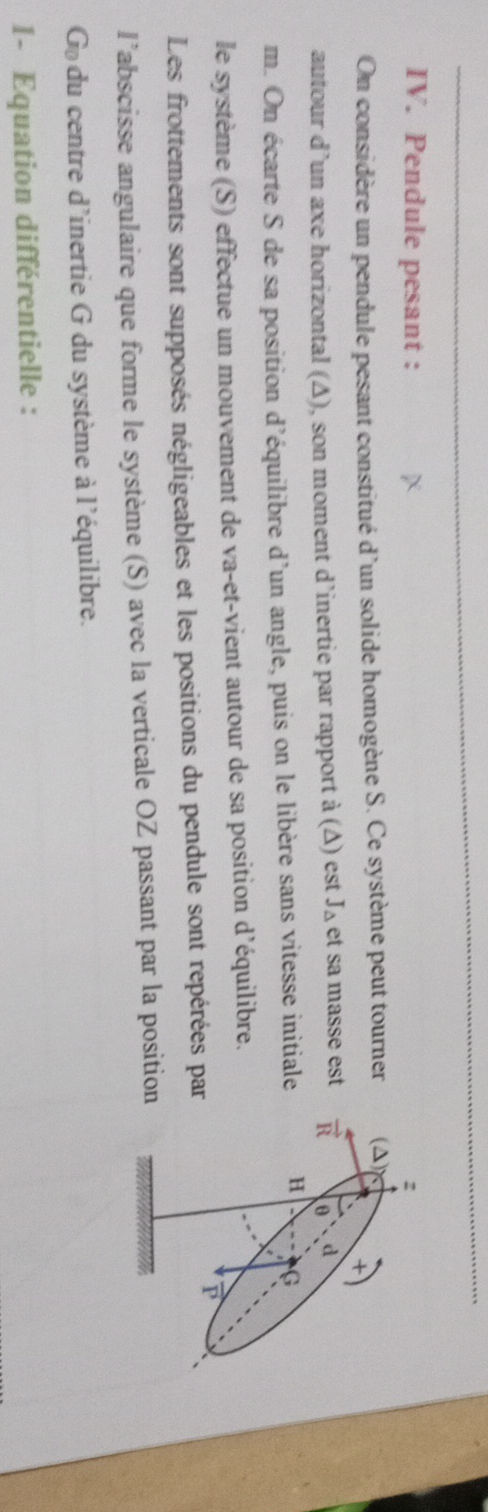 IV. Pendule pesant : On considère un | StudyX