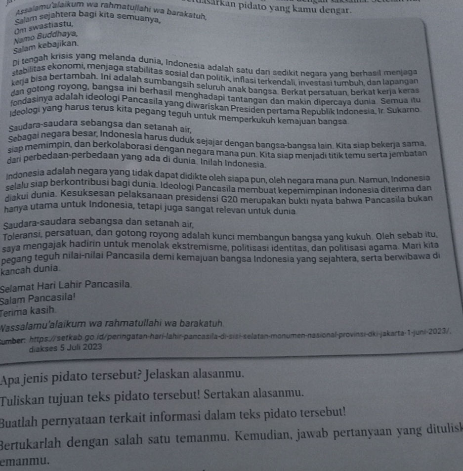 Apa jenis pidato tersebut? Jelaskan | StudyX