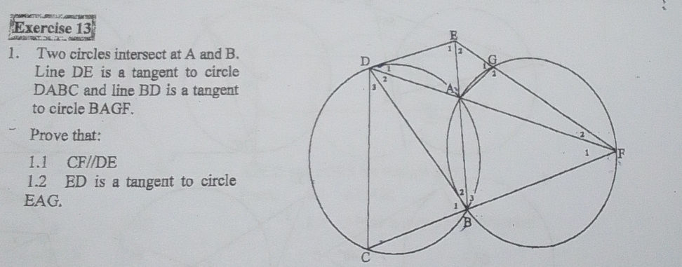 1. Two circles intersect at A and B. Line DE | StudyX